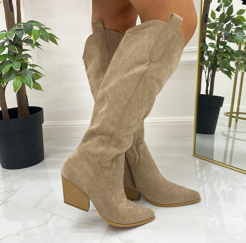 Daria - Stivale Alto Tacco Donna Texani Khaki – Primi Tacchi