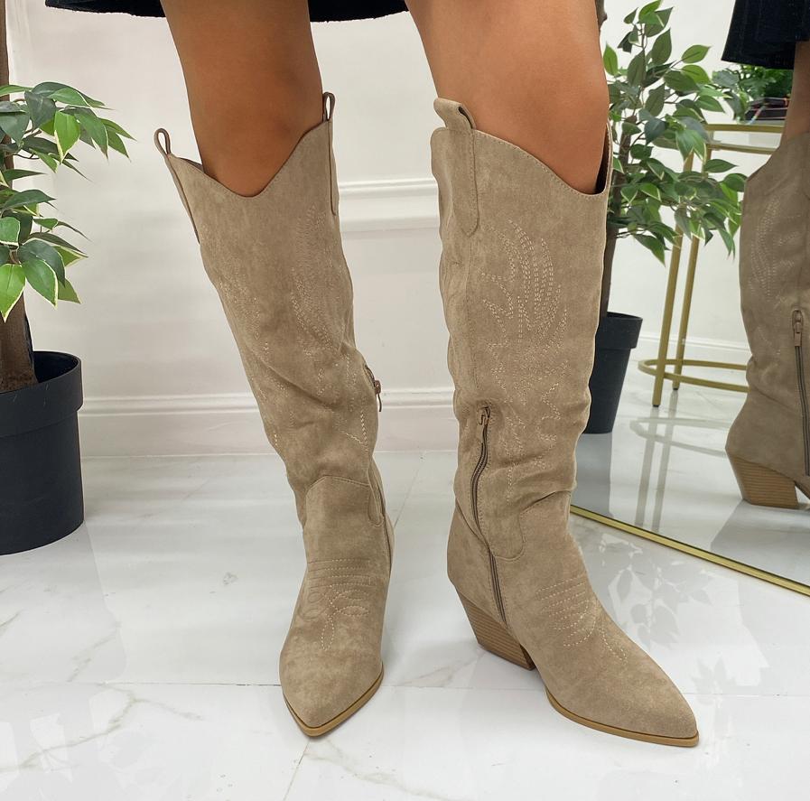 Daria - Stivale Alto Tacco Donna Texani Khaki – Primi Tacchi