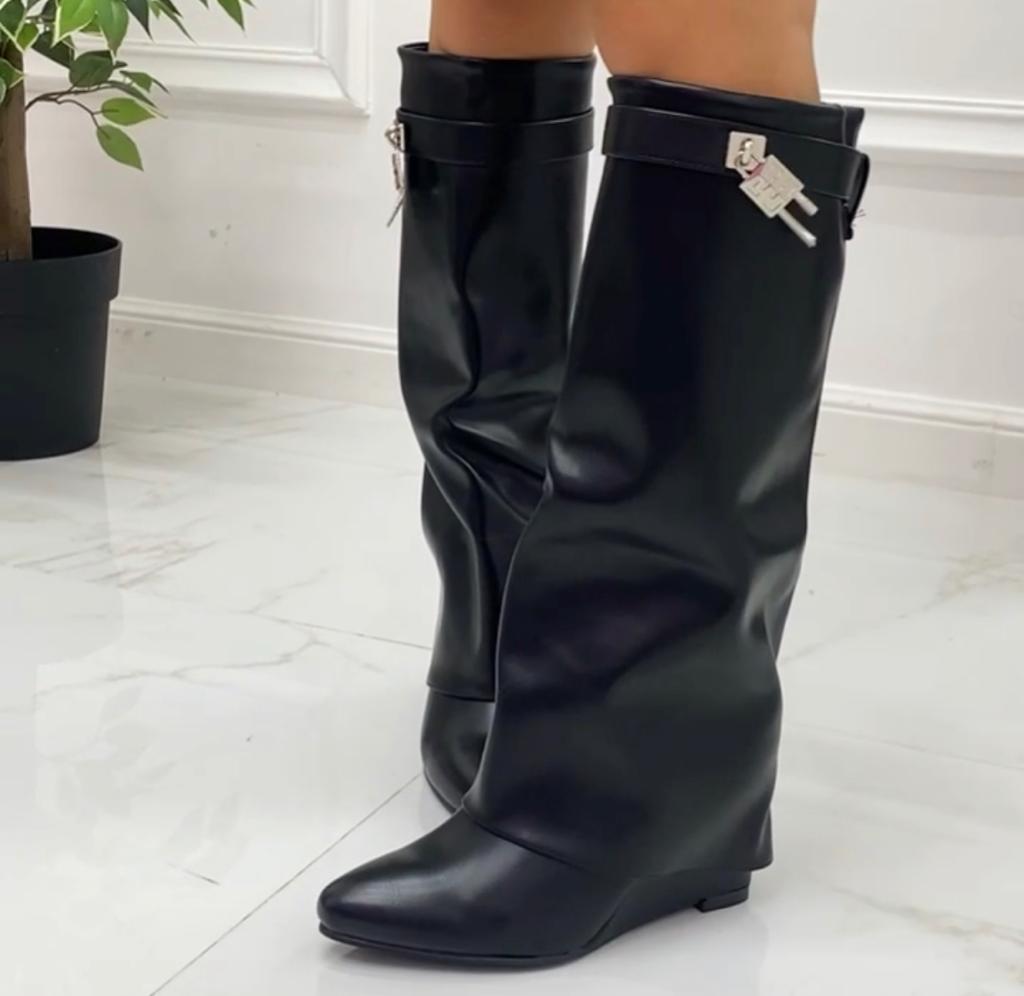 Moira - Stivale Donna Scarpe Zeppa Punta Tonda Nero – Primi Tacchi